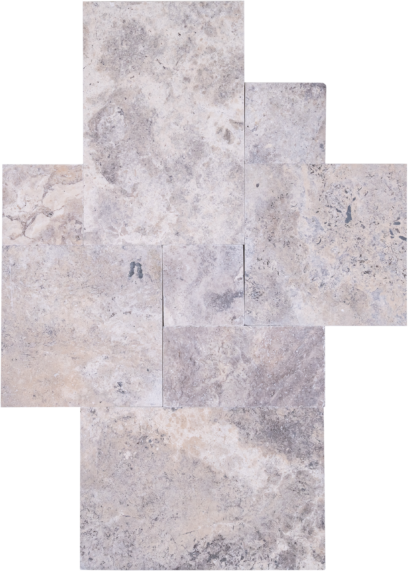 French Pattern Silver Tumbled Travertine Pavers - Marble Expo